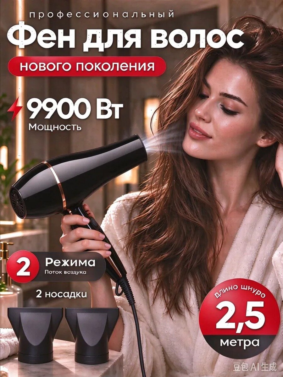 Профессиональный фен для волос 9900 Вт с ионизацией, 2 скорости, 2 насадки, черный