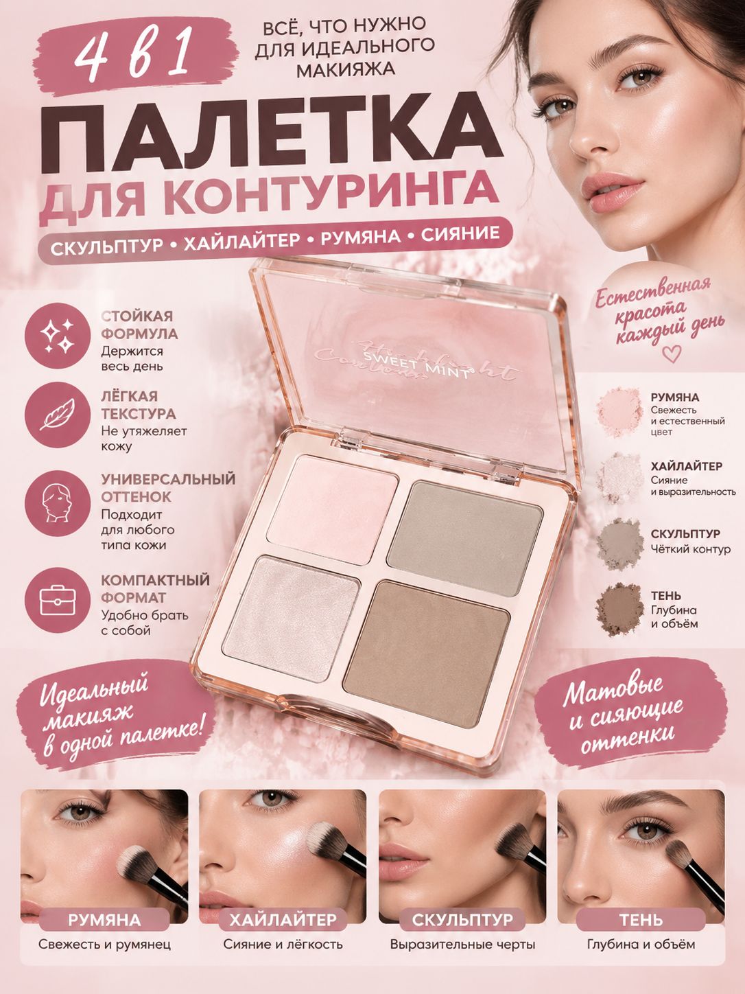 Четырехцветная палитра ретуши и легкой матовости