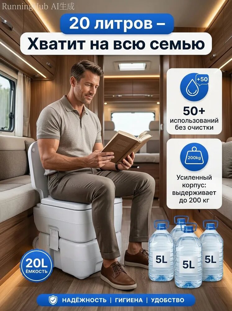 Биотуалет портативный 20 л, белый, с ручной помпой, ABS пластик — фото 1