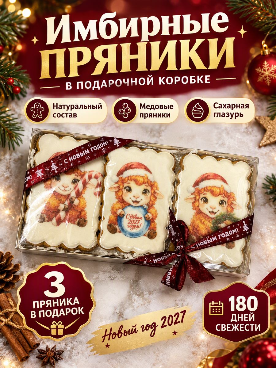Новогодние пряники открытки символ Нового года 2027 с пожеланиями, в подарочной коробке 3 шт