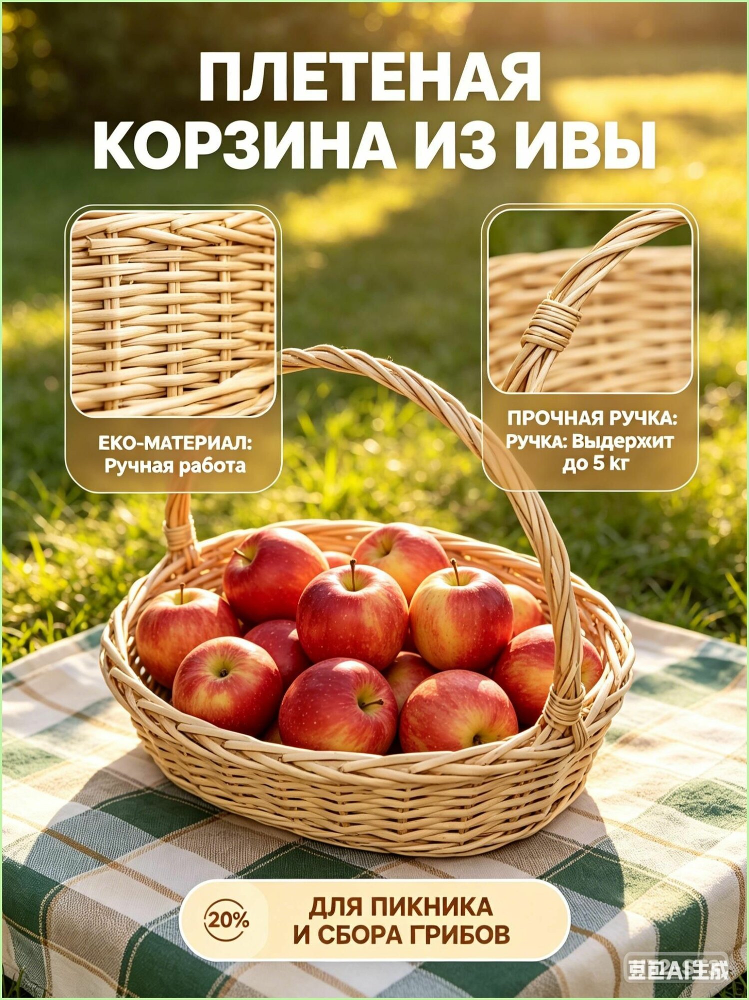 Корзина плетена из ивы для пикника и сбора грибов, декоративное лукошко с ручкой для хранения овощей, фруктов и хлеба, пасхальная корзинка для дома и дачи.
