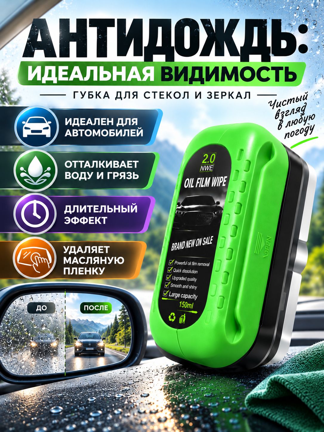Антидождь для стекол автомобиля, готовый раствор, 150 мл, 1 шт