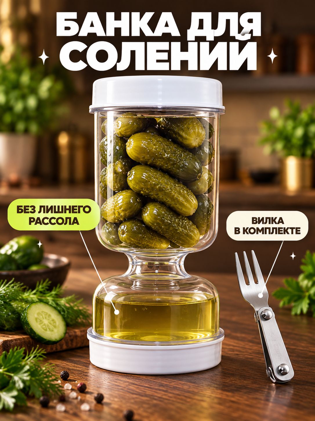 Банка для солений с вилкой и отделением для рассола, ABS-пластик, 1 шт.