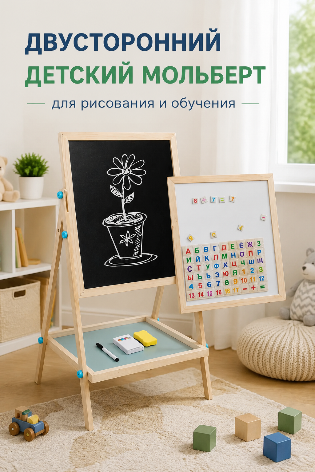 Двусторонний детский мольберт с полкой, 80×36 см, напольный и настольный