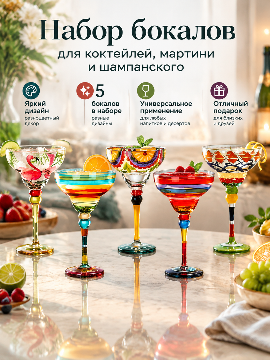 Набор разноцветных бокалов на ножке для коктейлей, мартини и шампанского, 280 мл, 5 шт