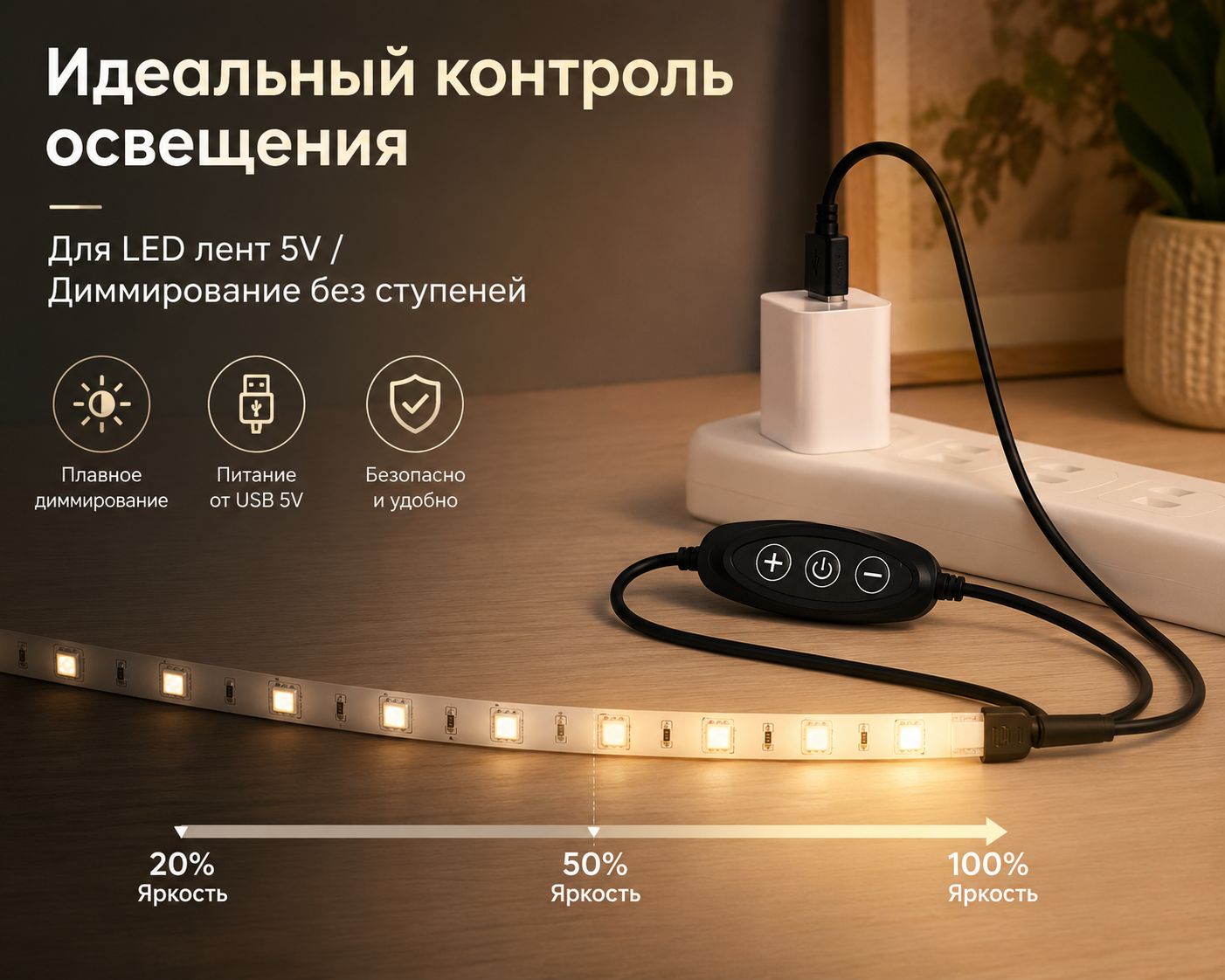 Светорегулятор диммер LED USB с 3 кнопками - для лент 5В, плавная и 8-ступенчатая регулировка яркости, кабель 544 мм, 2А