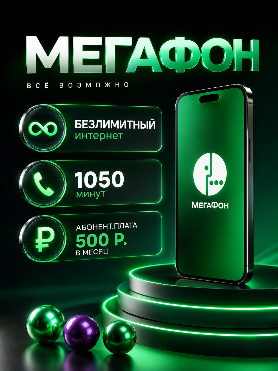Сим карта Мегафон, безлимитный тариф,1050 минут, для телефонов/планшетов