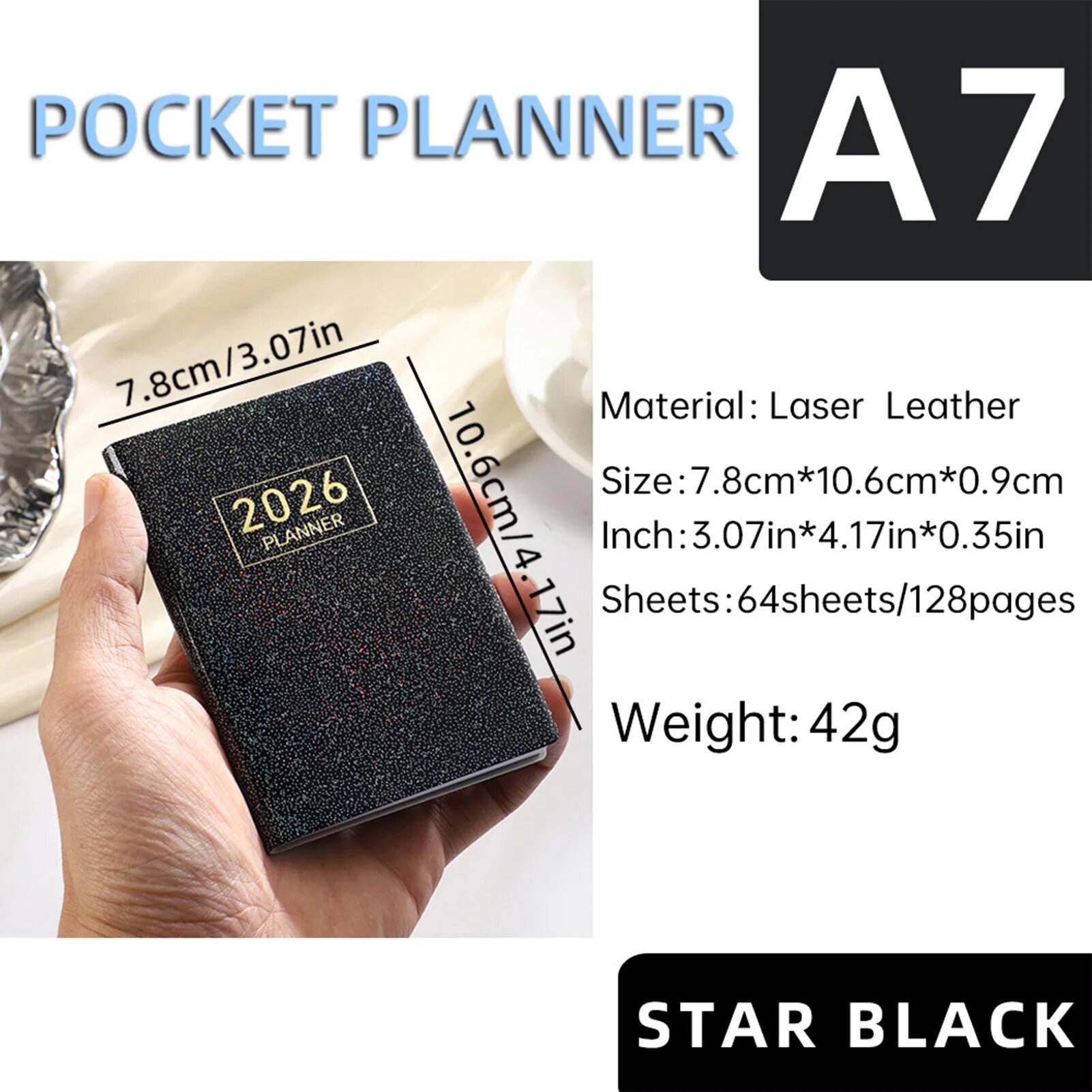 Мини-планировщик 2026 года, кожаный Черный, Starlight black