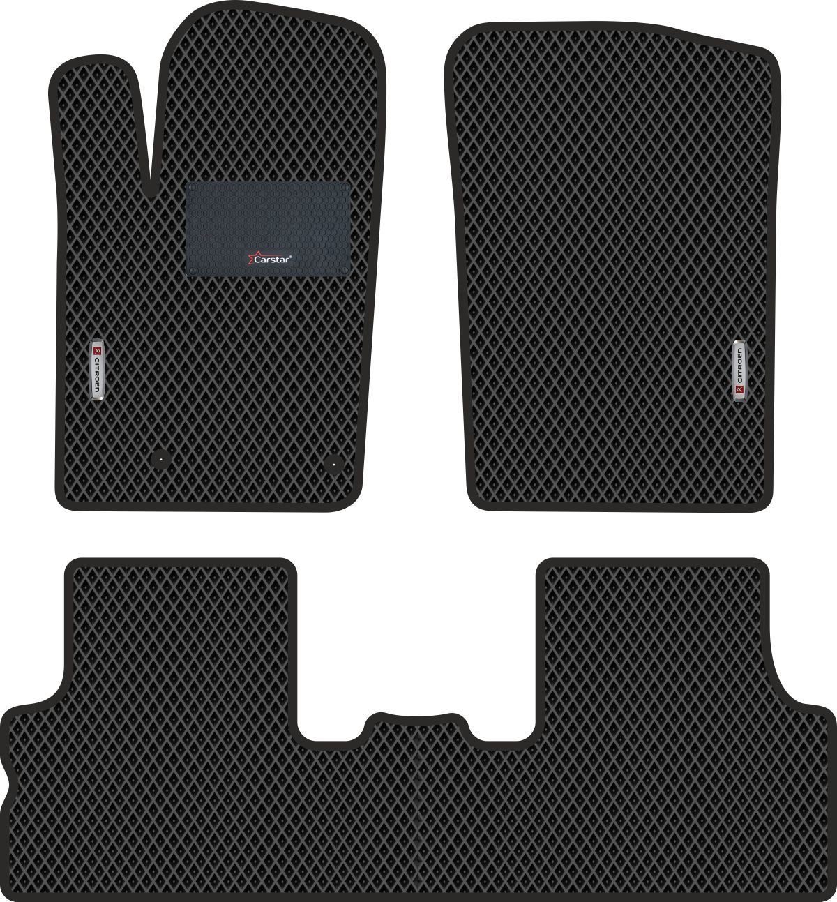 Автомобильные коврики EVA для Citroen Berlingo I (2002-2012), с каучуковым подпятником и 2 эмблемами Citroen, чёрные с чёрным кантом, ячейка - ромб