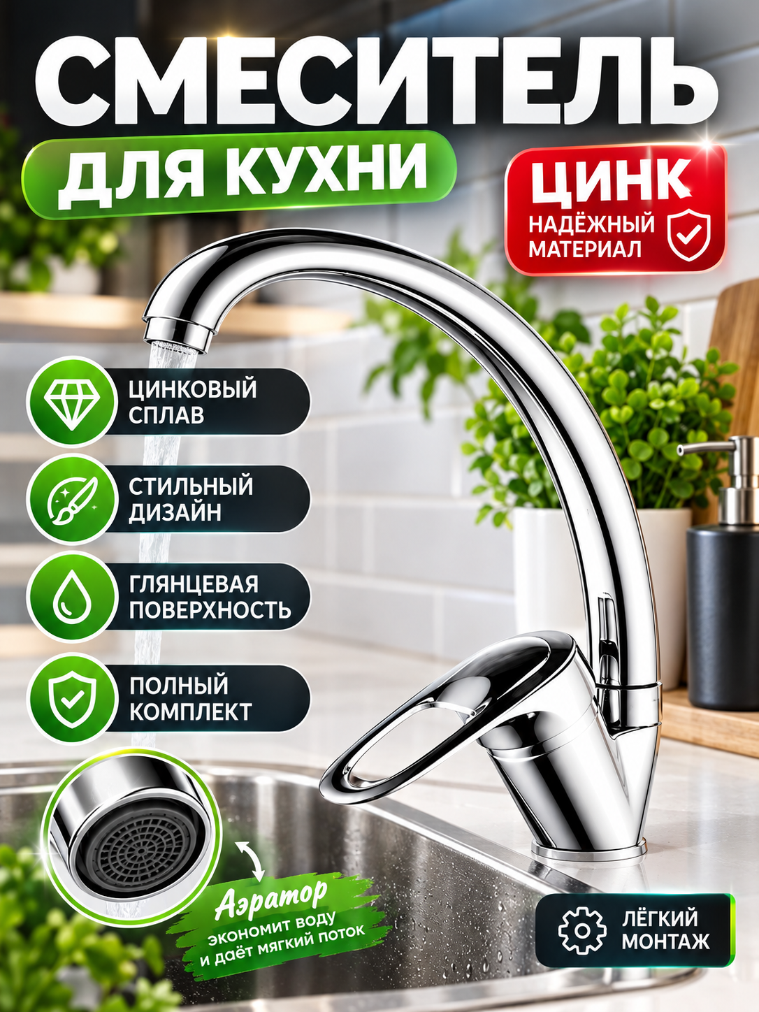 Смеситель для кухни однорычажный с высоким изливом, крепление гайка