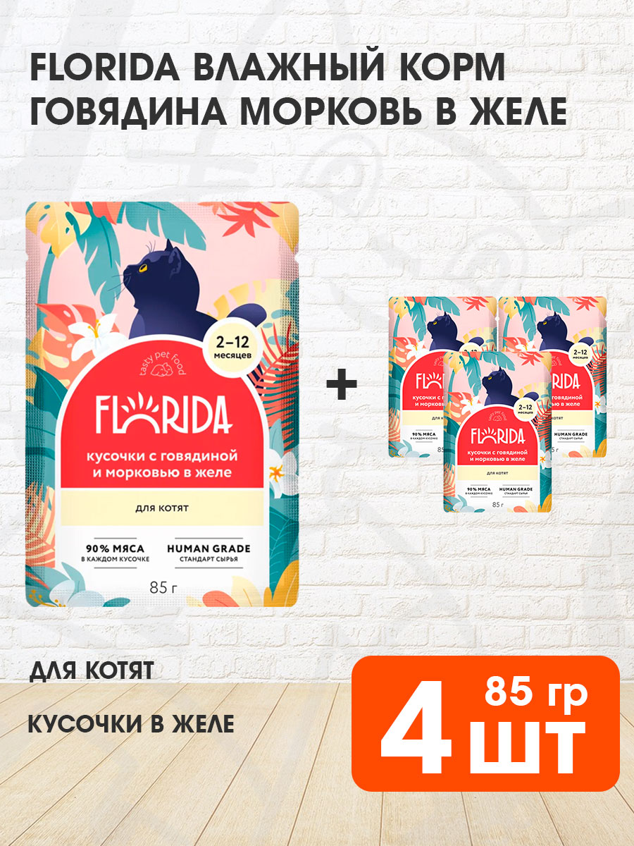 Корм влажный Florida для котят, говядина и морковь в желе, 85 г 4 шт
