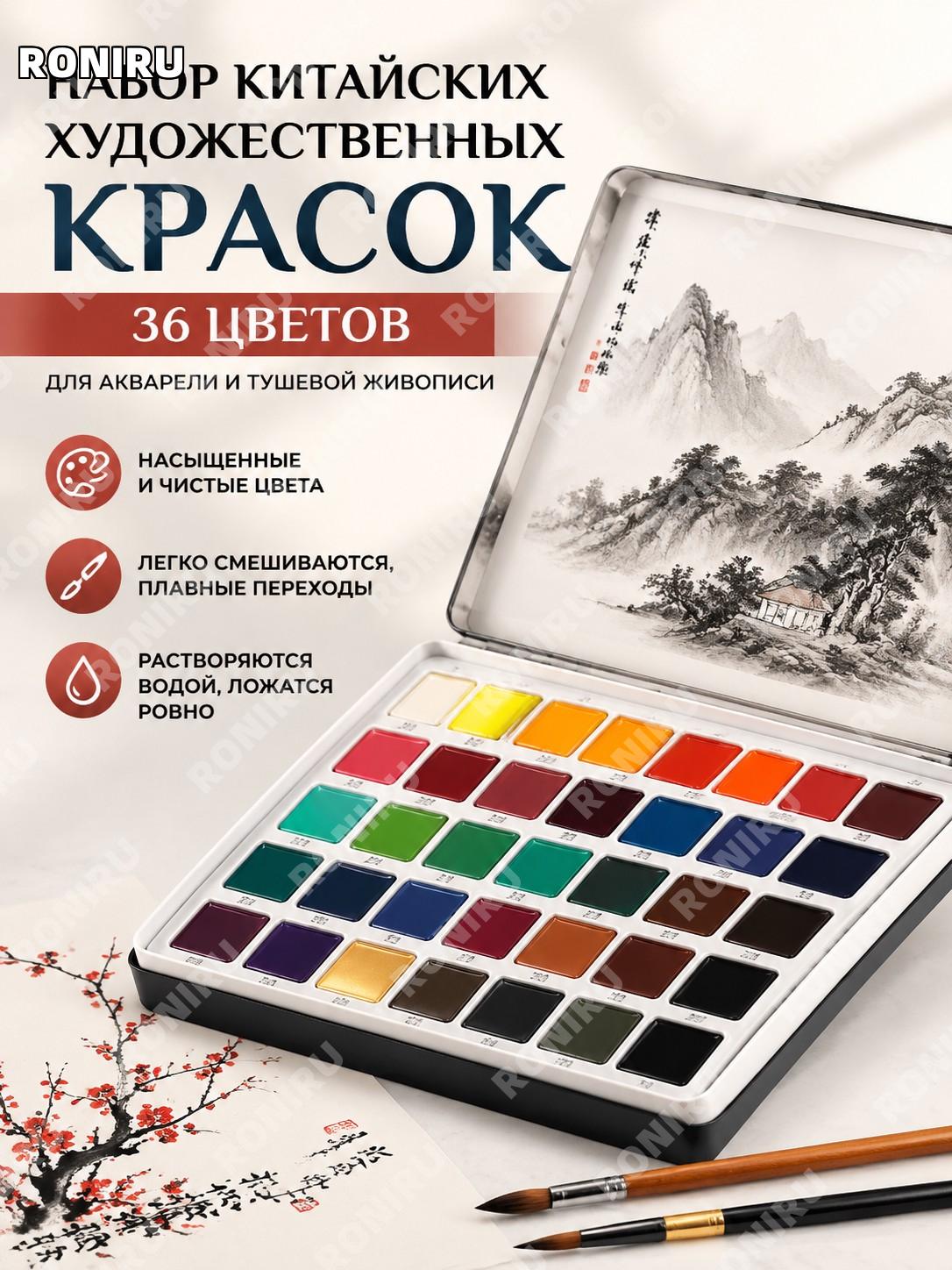 Набор акриловых красок 36 цветов комплект для рисования с палитрой оттенков для творчества дома, учебы и мастерской