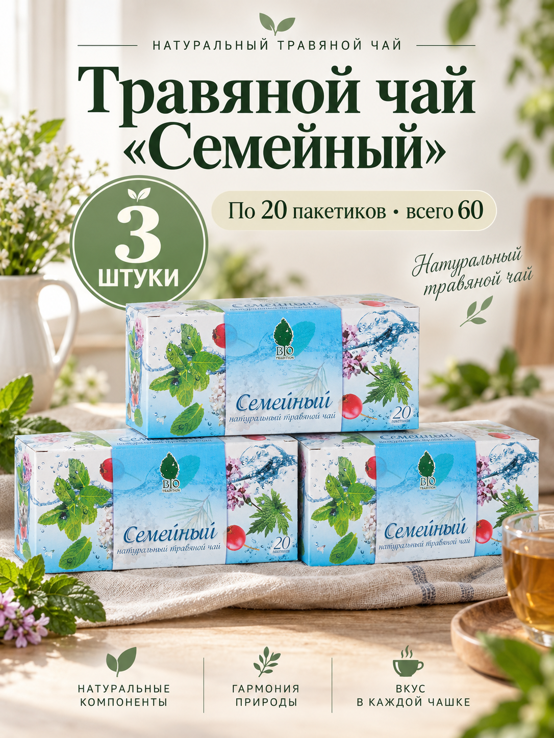 Травяной чай «Семейный» BIO TRADITION с мелиссой, душицей и ройбушем, без кофеина, 3 упаковки по 20 пакетиков
