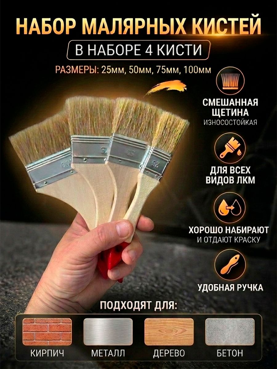 Кисти малярные в наборе из 4 штук: 25/50/75/100 мм