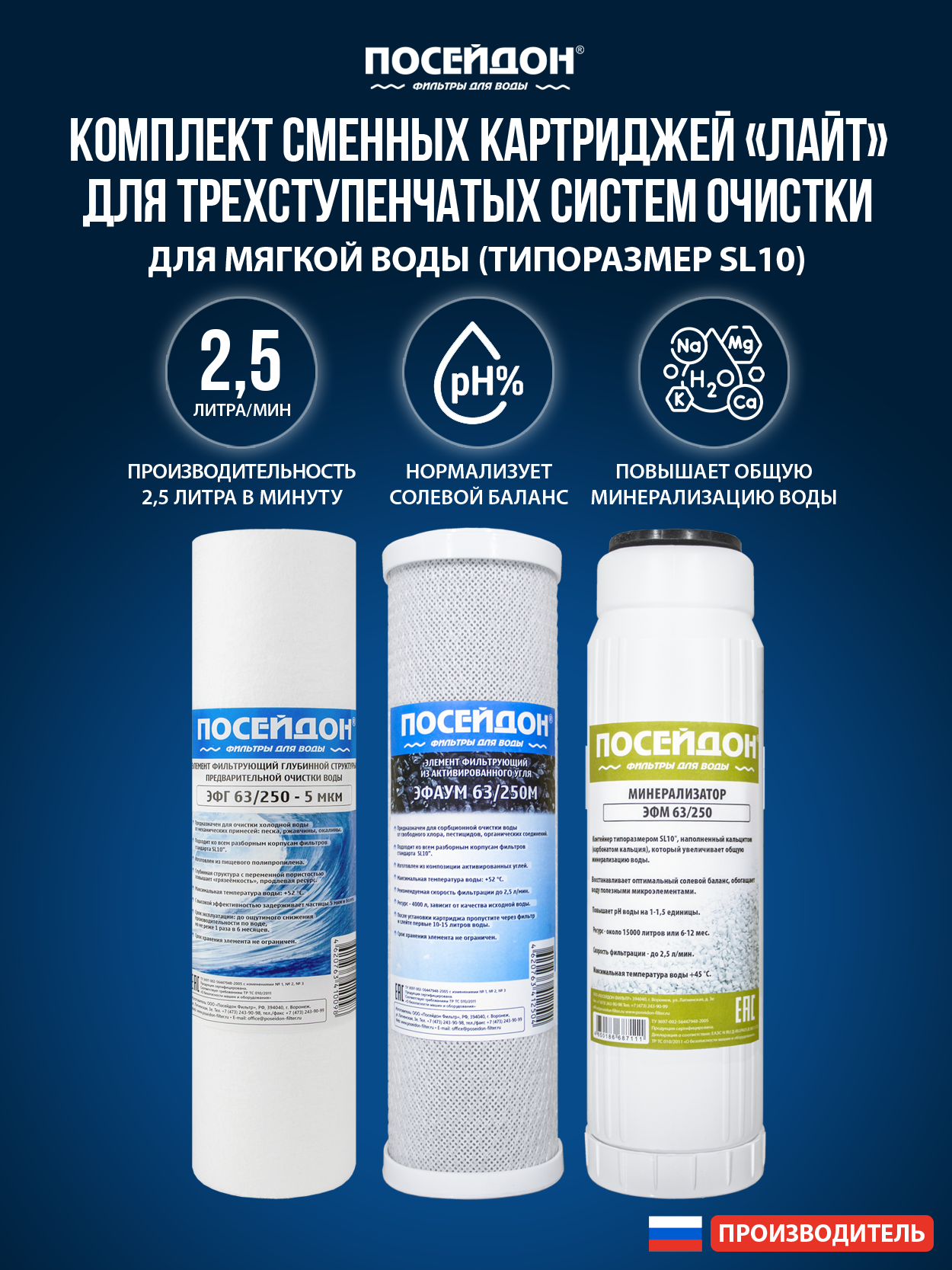 Комплект картриджей Посейдон Лайт для мягкой воды, 3 ступени, минерализация, SL10, 3 шт