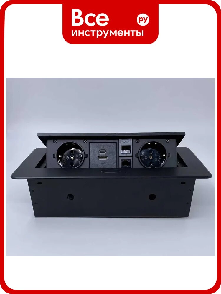 Выдвижной встраиваемый блок розеток Inrior выдвижная розетка, на 2 EURO розетки, 2 RJ45 и 2 USB-A+C, черный,