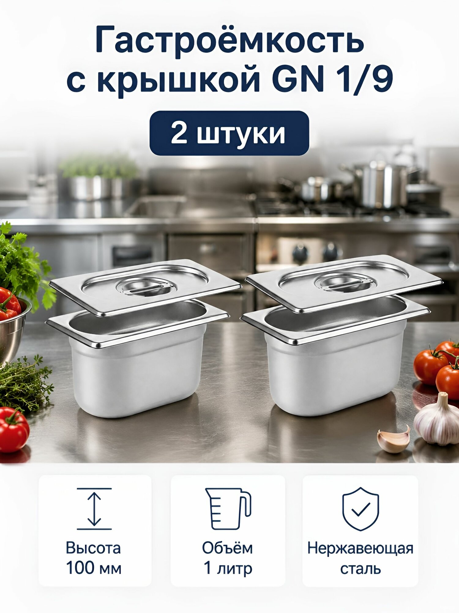 Гастроемкость GN 1/9-100 мм с крышкой, набор 2 шт, нержавеющая сталь