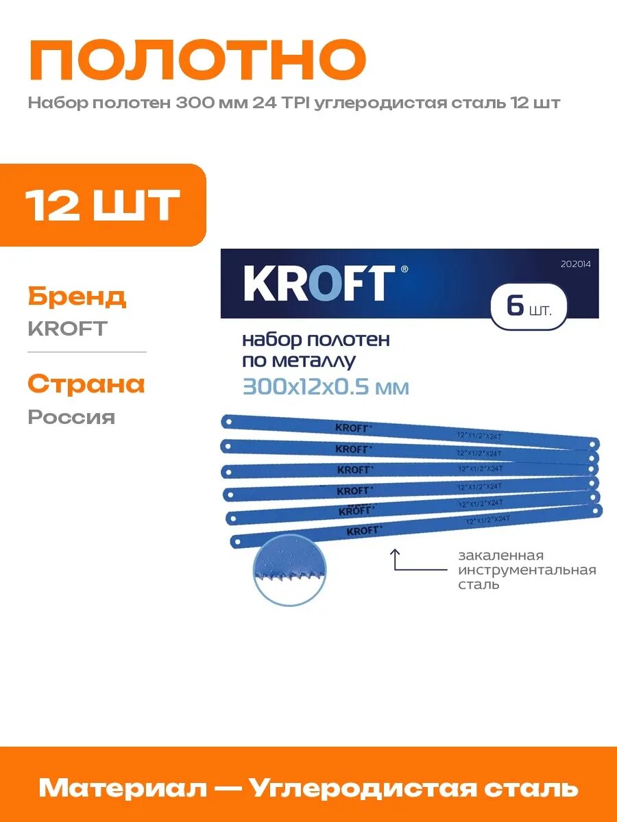 Сменные полотна для ножовки 300 мм 24 TPI 12 шт по металлу