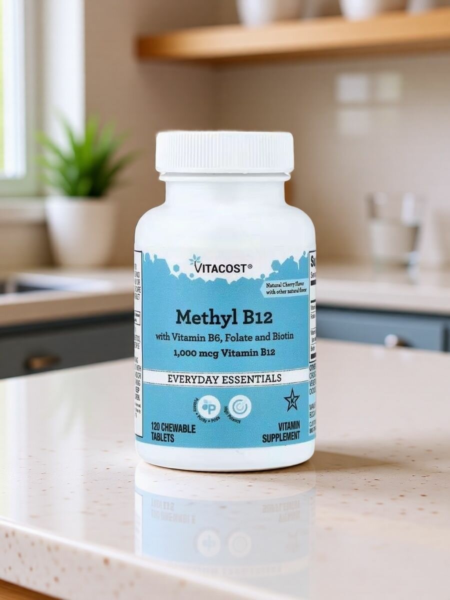 Vitacost, метил B12 с витамином B6, фолатом и биотином, натуральный вишневый вкус, 120 жевательных таблеток