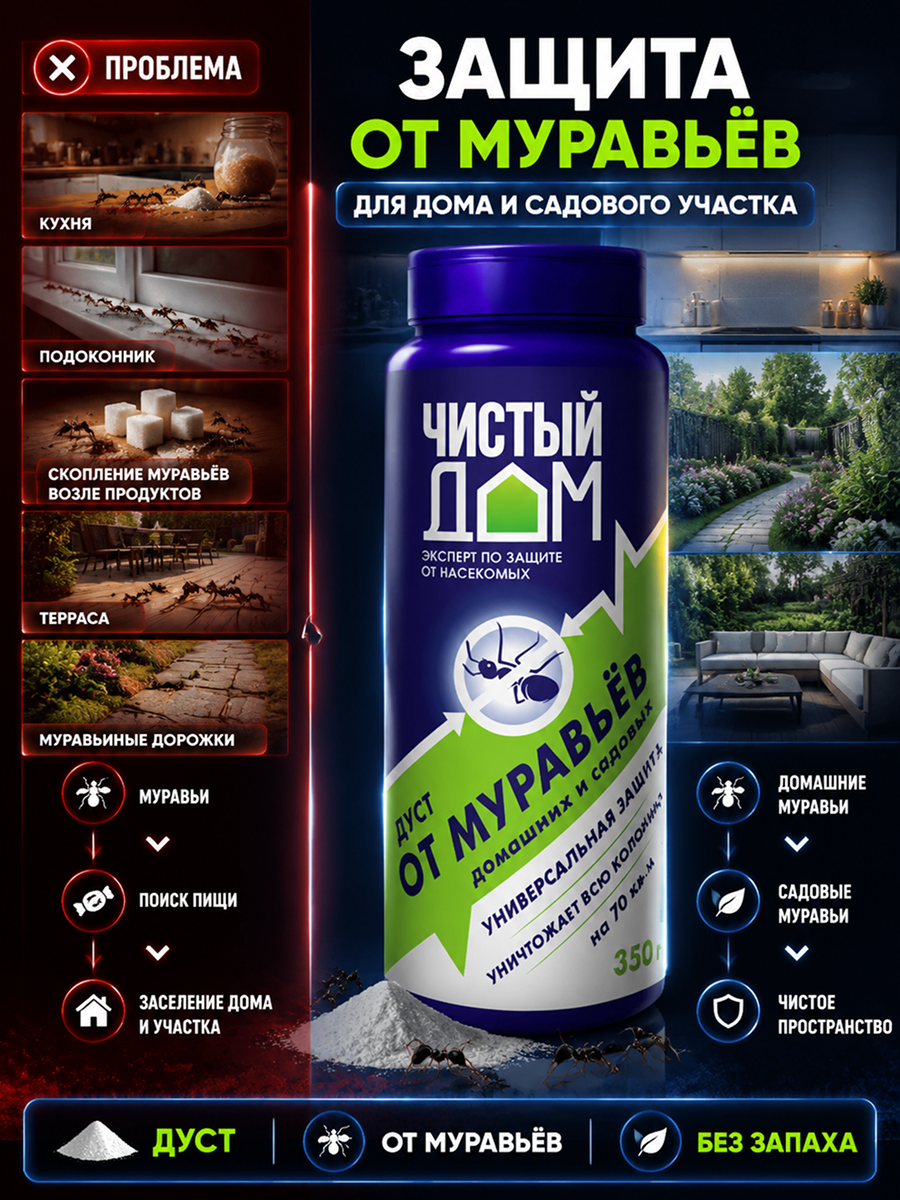 Дуст от муравьев, отрава от насекомых, без запаха, Чистый Дом
