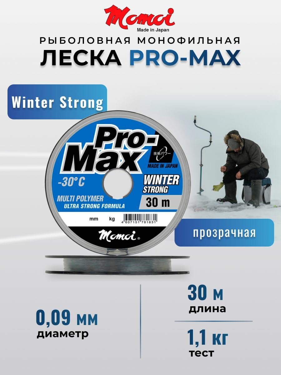 Зимняя леска для рыбалки Momoi Pro-Max Winter Strong 0,09 мм, 1,1 кг, 30 м, для спиннинга, прозрачная 1 шт