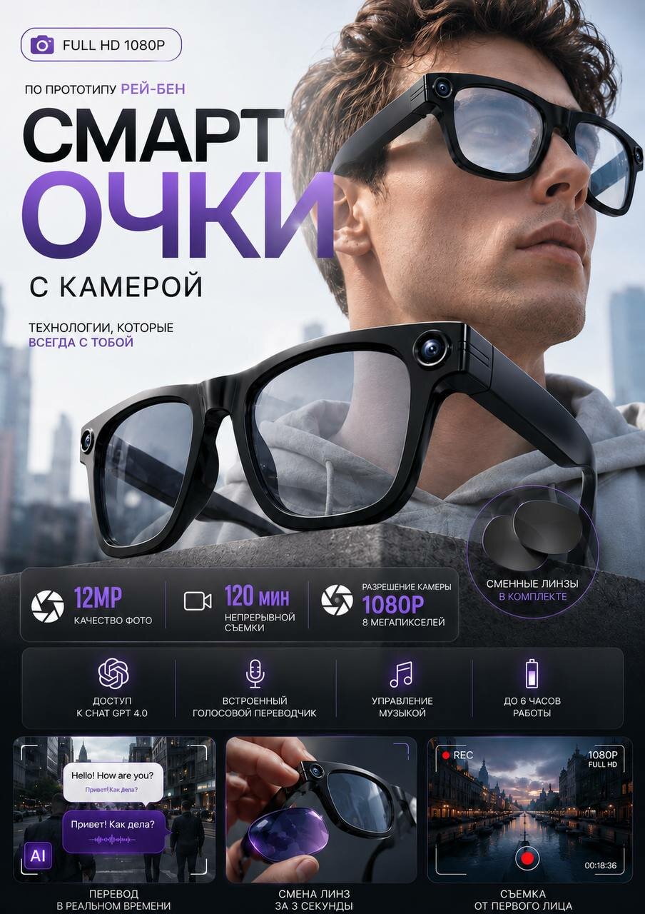 Очки с камерой 8 Мегапикселей 1080p HD ChatGPT