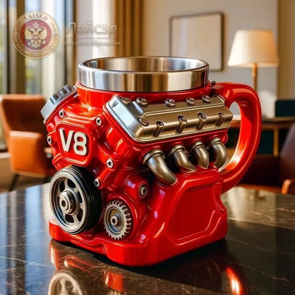 Чашка "Двигатель V8", 200 мл, красная, 1 шт, Смола, Нержавеющая сталь, для чая, для кофе