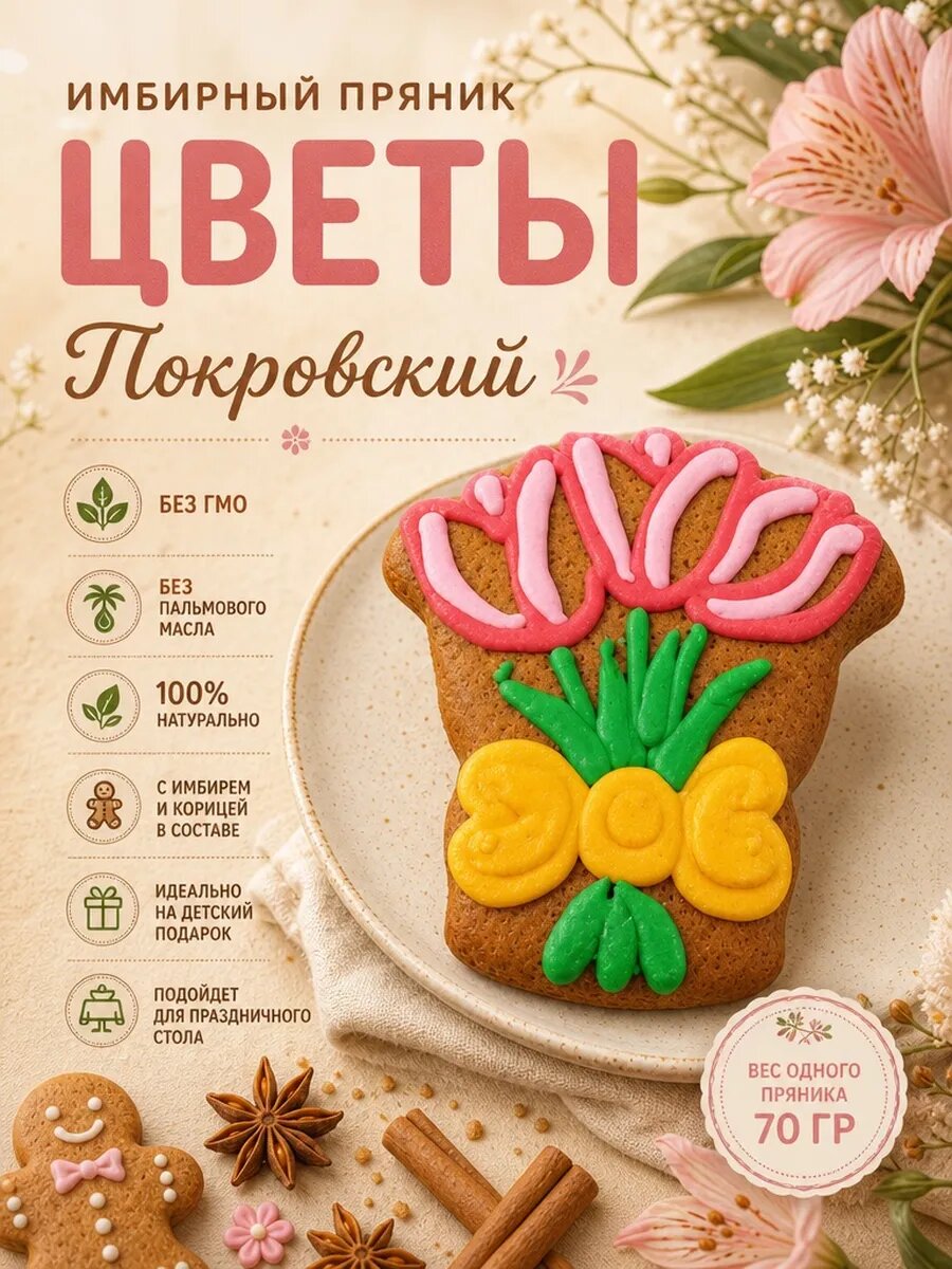 Пряник имбирный, букет цветов,70гр