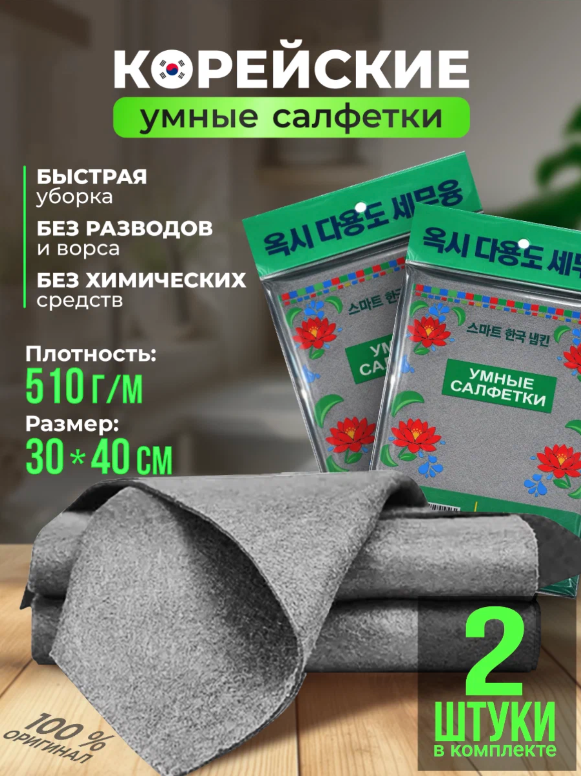 Умные корейские салфетки для уборки, тряпки без разводов 30*40 см, 2 шт.