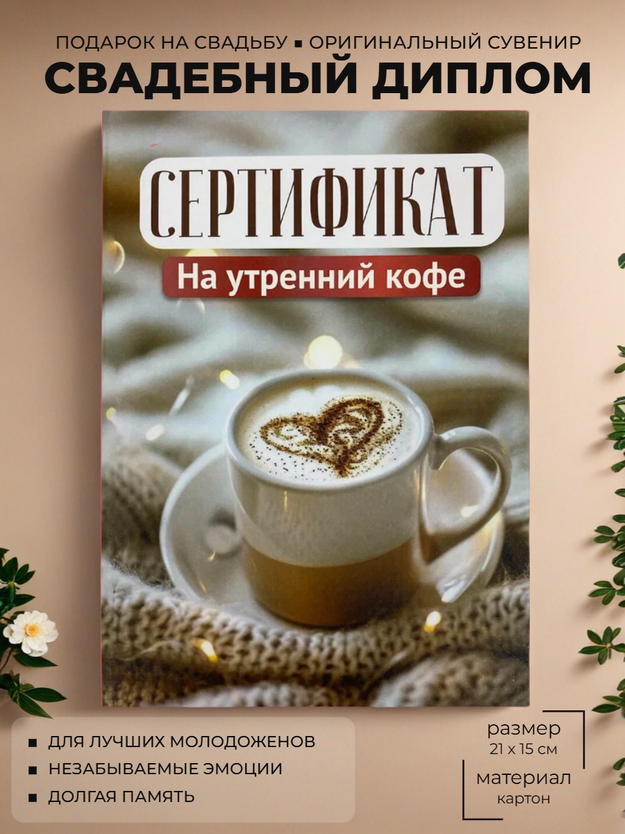 Диплом "Сертификат на утренний кофе", для свадебного торжества, А5