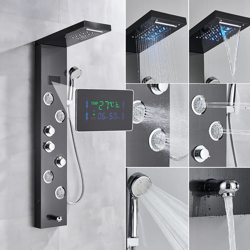 Панель душа Golden Black Shower Panel со стеновым дождевым водопадом, смесителем для душа, комплектом для ванной, aps-душными форсунками, пластиковым ручным душами
