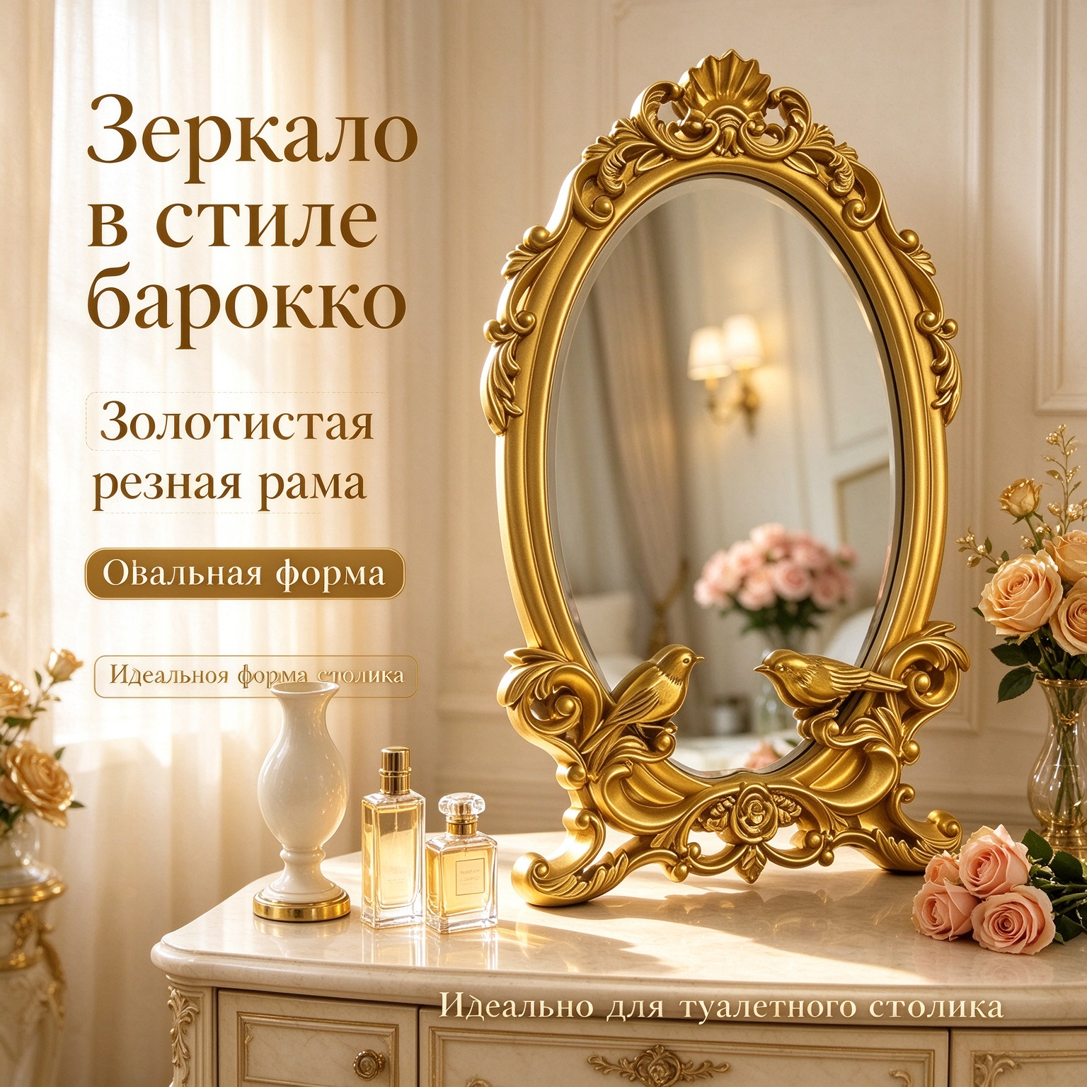 Настольное зеркало для макияжа в стиле барокко с резьбой, золотое декоративное зеркало для туалетного столика