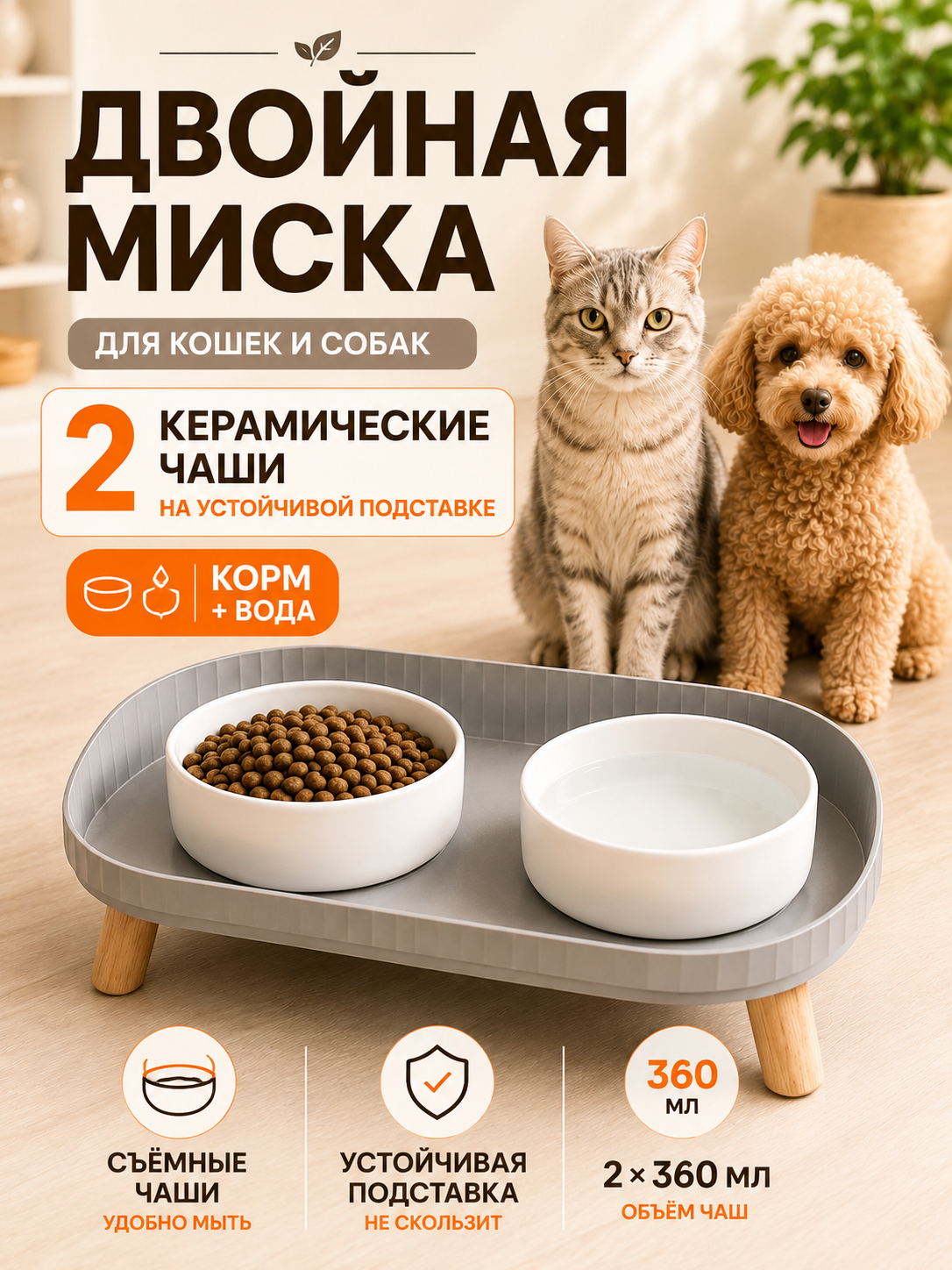 Миска двойная для кошек и собак на подставке, керамические чаши 2×360 мл, серая