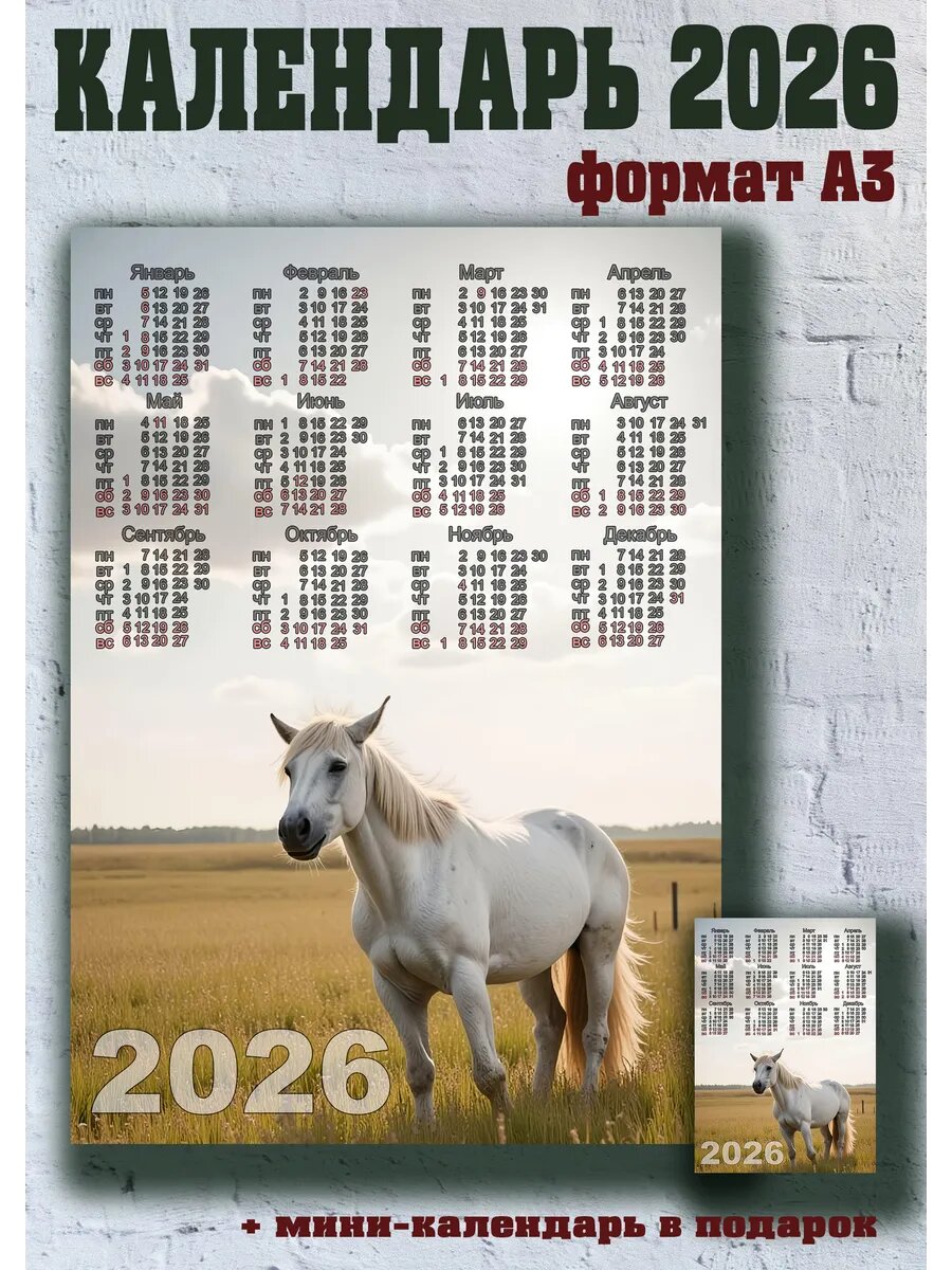 Интерьерный постер на стену календарь 2026 год лошади