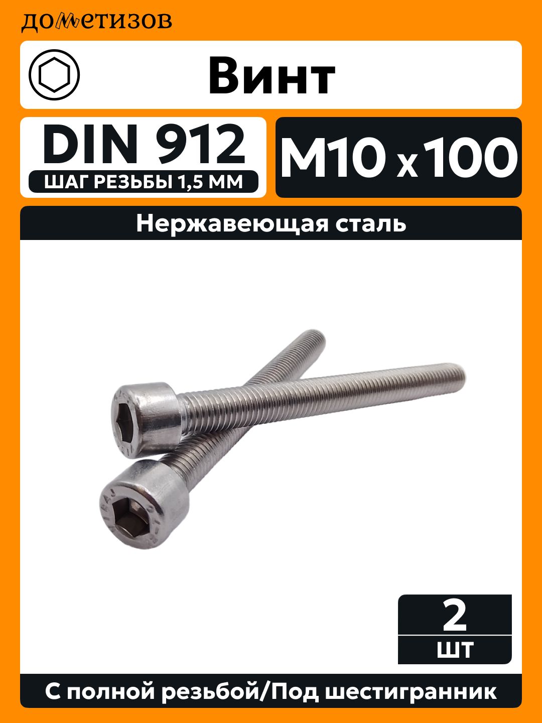 Винт DIN 912 М 10х100 А2, 2 шт