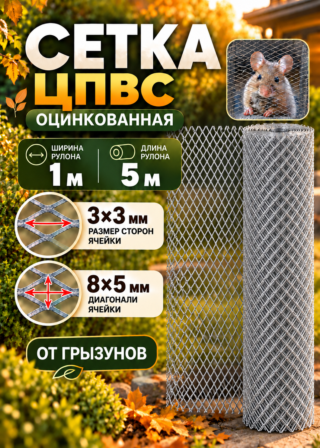 Сетка ЦПВС оцинкованная 3х3 мм, от грызунов (мышей, крыс, кротов), металлическая защитная, штукатурная, рулон 1х5 м