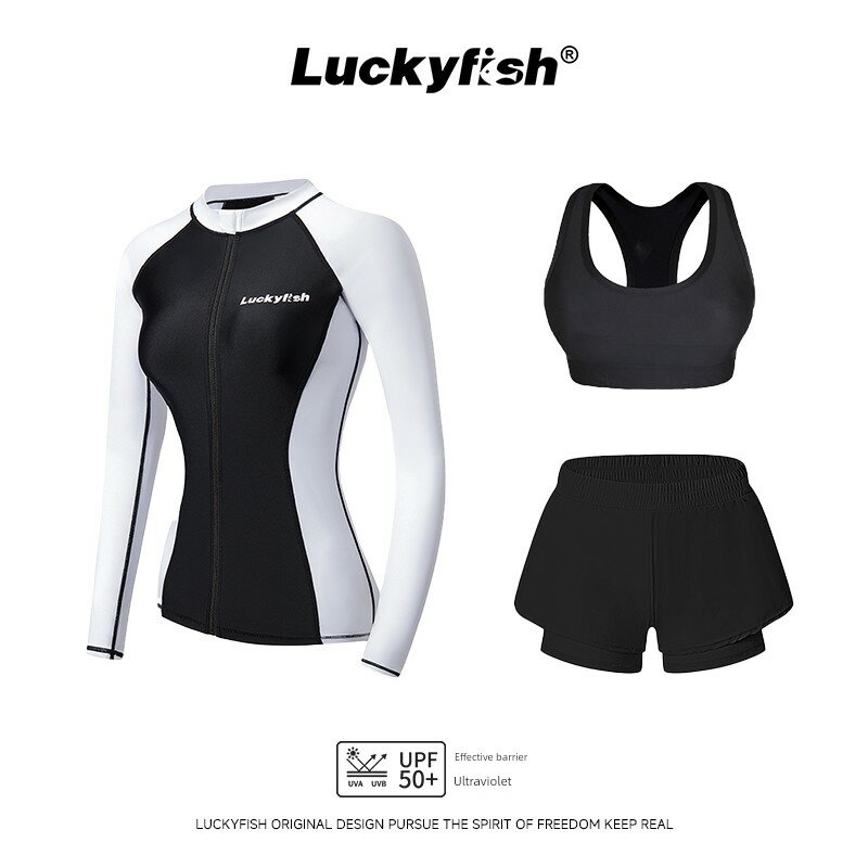Luckyfish женский водолазный костюм с солнцезащитой, черно-белый топ с молнией, белая майка, черные двойные шорты,