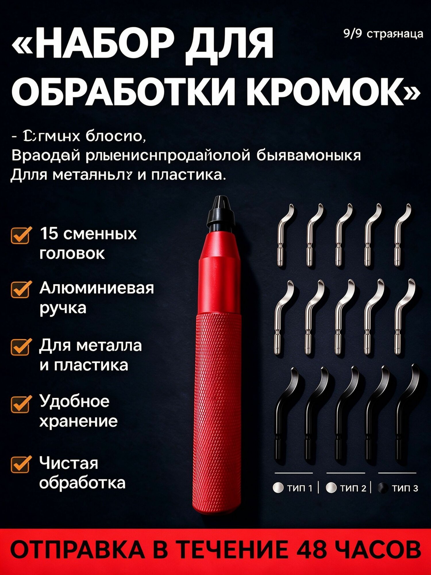 Набор для обработки кромок с 15 сменными головками, алюминиевая ручка, для металла и пластика