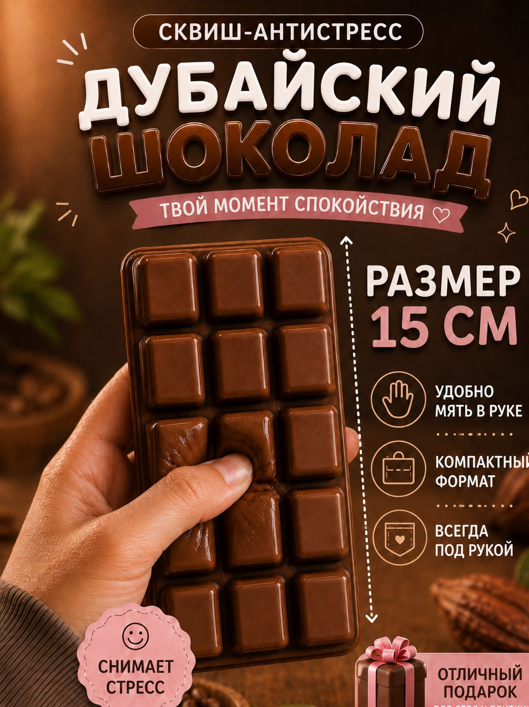 Сквиш-антистресс Дубайский шоколад, 15 см, мягкий эластичный squishy для снятия стресса/мялка для рук