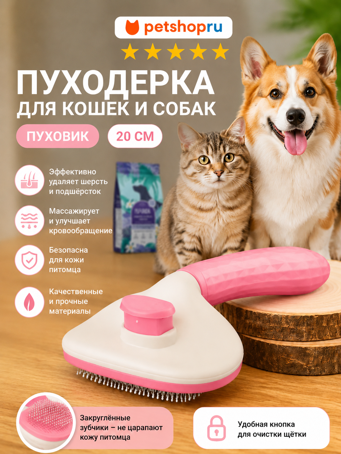 PETSHOP Пуходерка для кошек и собак, цвет разноцветный, 20 см.