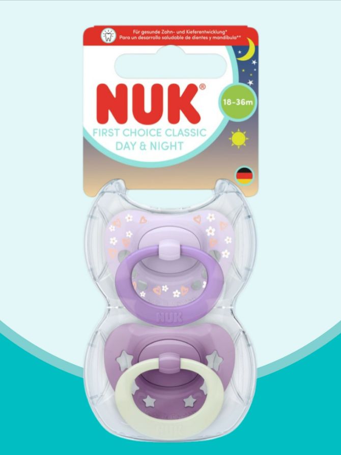 NUK FIRST CHOICE CLASSIC D&N Соска-пустышка из силикона, разм. 18-36 мес, 2 шт. в контейнере, лиловая