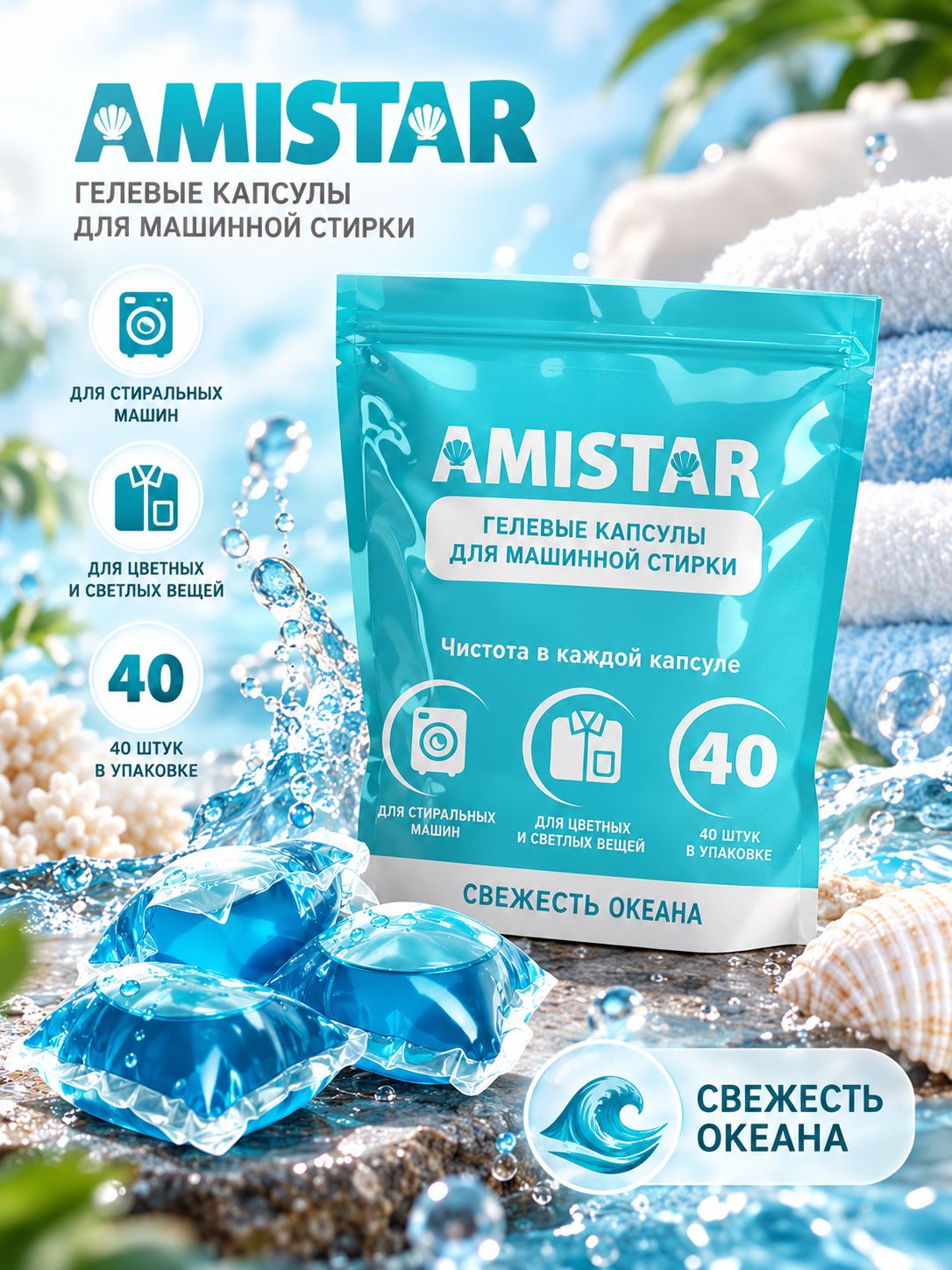 Капсулы для стирки белья Amistar Океан 40 шт, с кондиционером