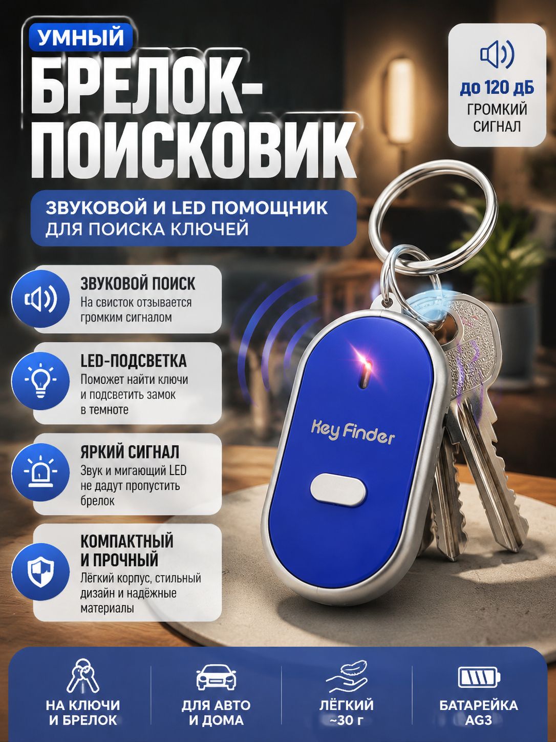 Брелок с подсветкой отзывающийся на свист / Брелок для поиска ключей, издает звуковой сигнал / Реагирует на свистM