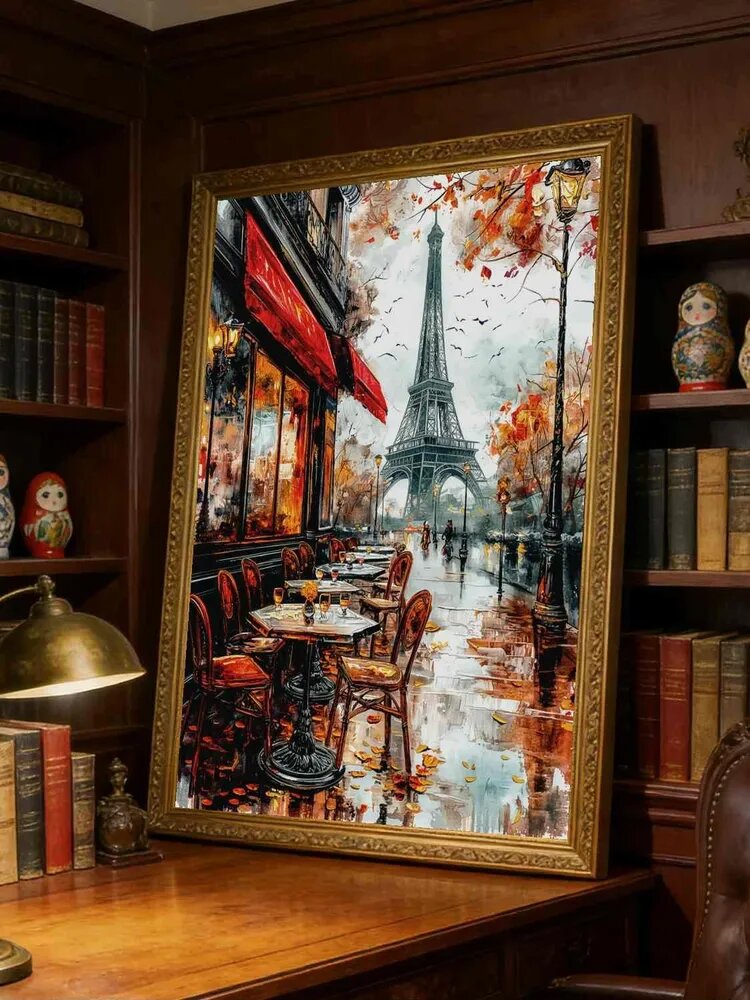 Картина "парижская улица с башней эфель и кофейней" 50x75 см