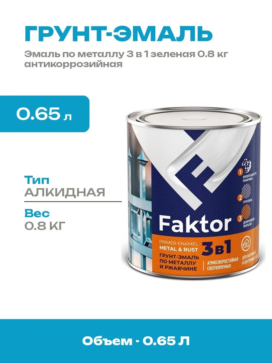 Краска для металла зеленая 0.8 кг грунт эмаль по ржавчине