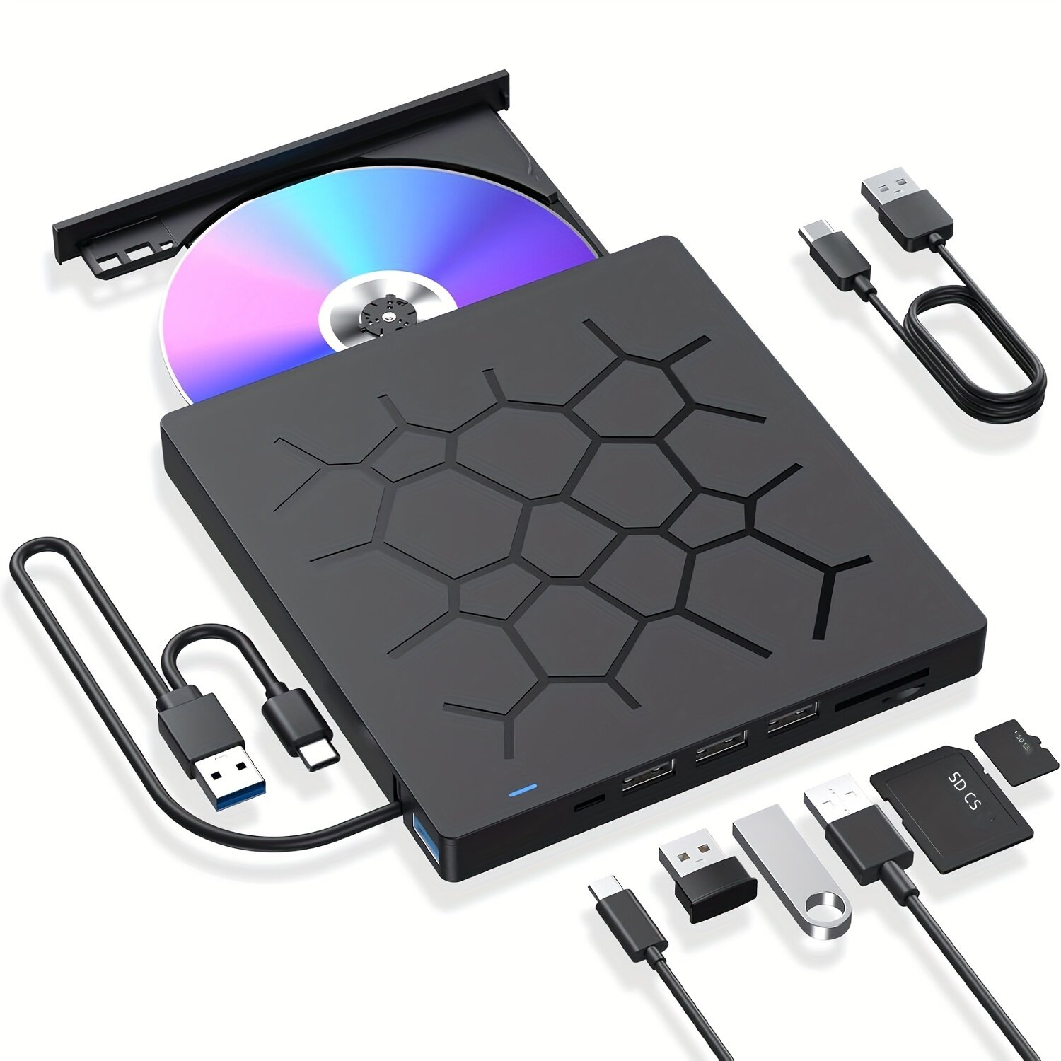 Внешний оптический привод CD/DVD 8-в-1 с интерфейсами USB 3.0 и Type-C, тремя портами Type-C и картридером SD/TF, поддержка записи CD/DVD-RW и воспроизведения дисков, тонкий корпус для ноутбуков и ПК, модель CK011
