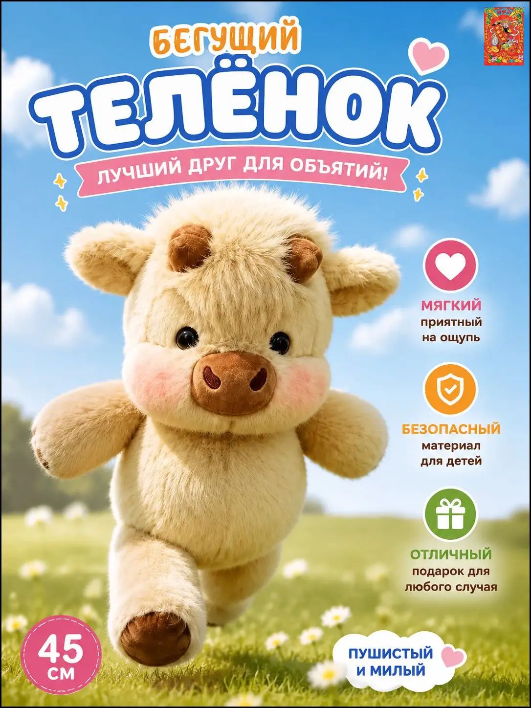Плюшевая игрушка Бегущий теленок мягкая, бежевый цвет, высота 45 см, подарок для детей
