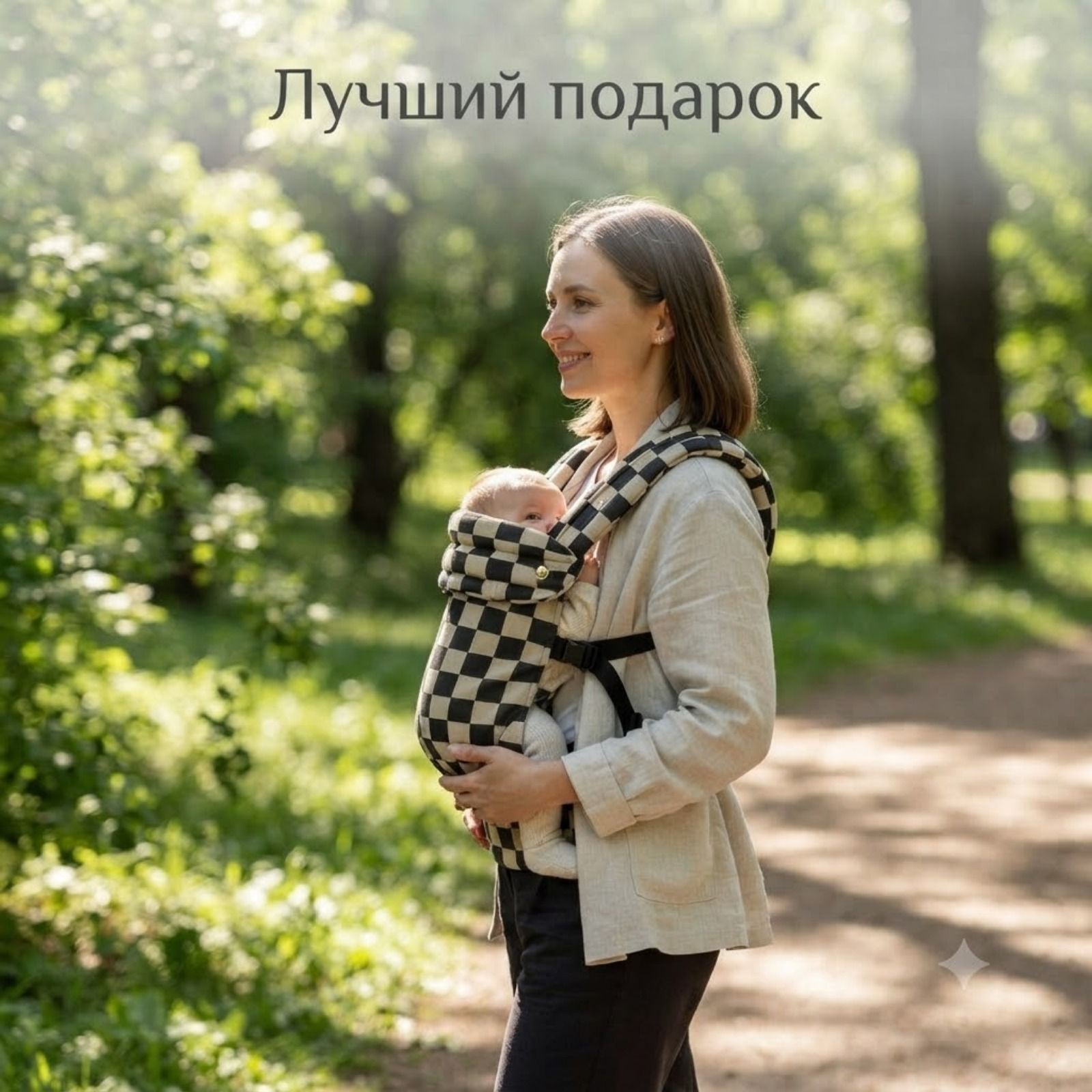 Эргорюкзак для новорожденных, слинг-переноска 0-6 месяцев, анатомическая поддержка спины, шахматный принт бежево-черный