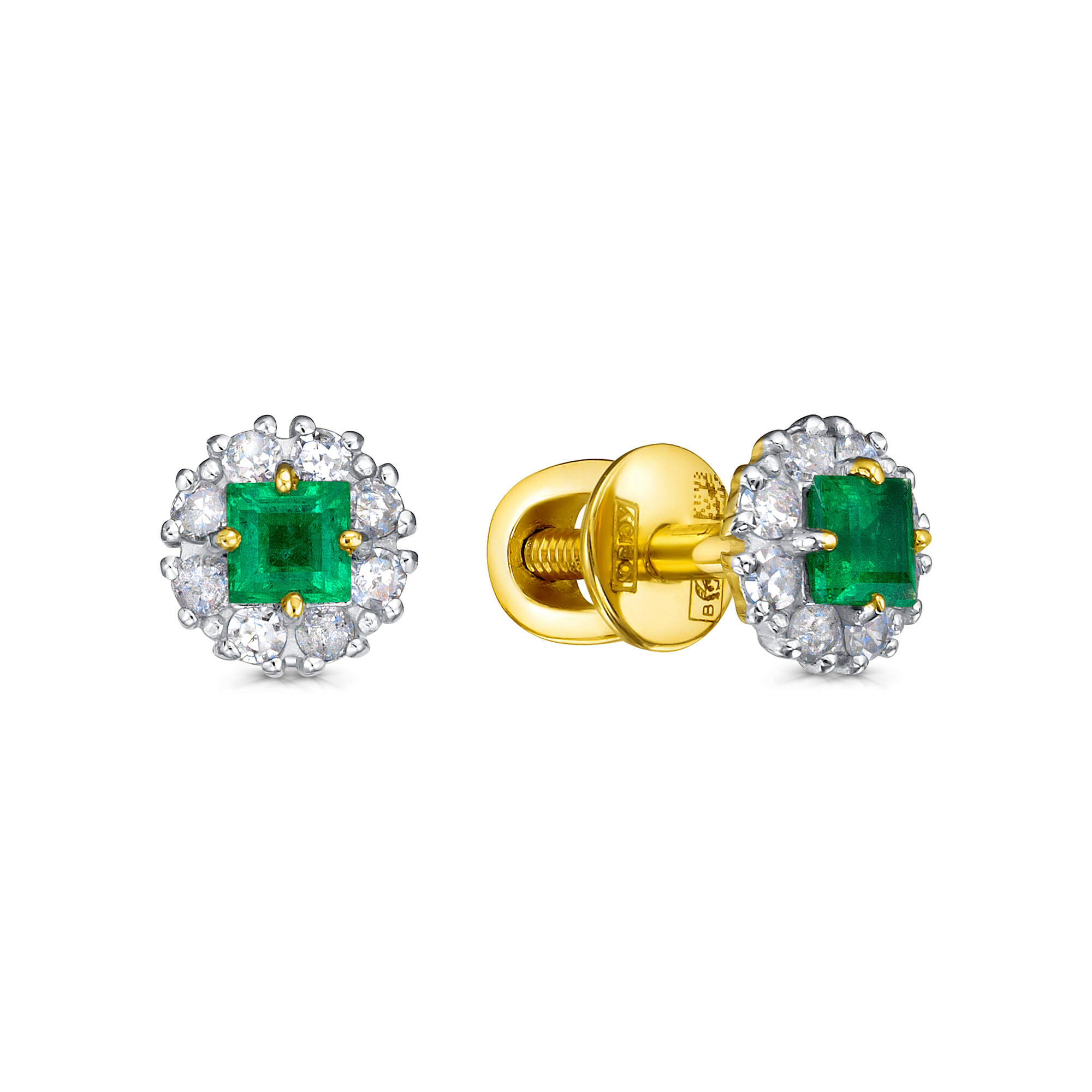Серьги пусеты JEWELIN, желтое золото, 585 проба, бриллиант, изумруд