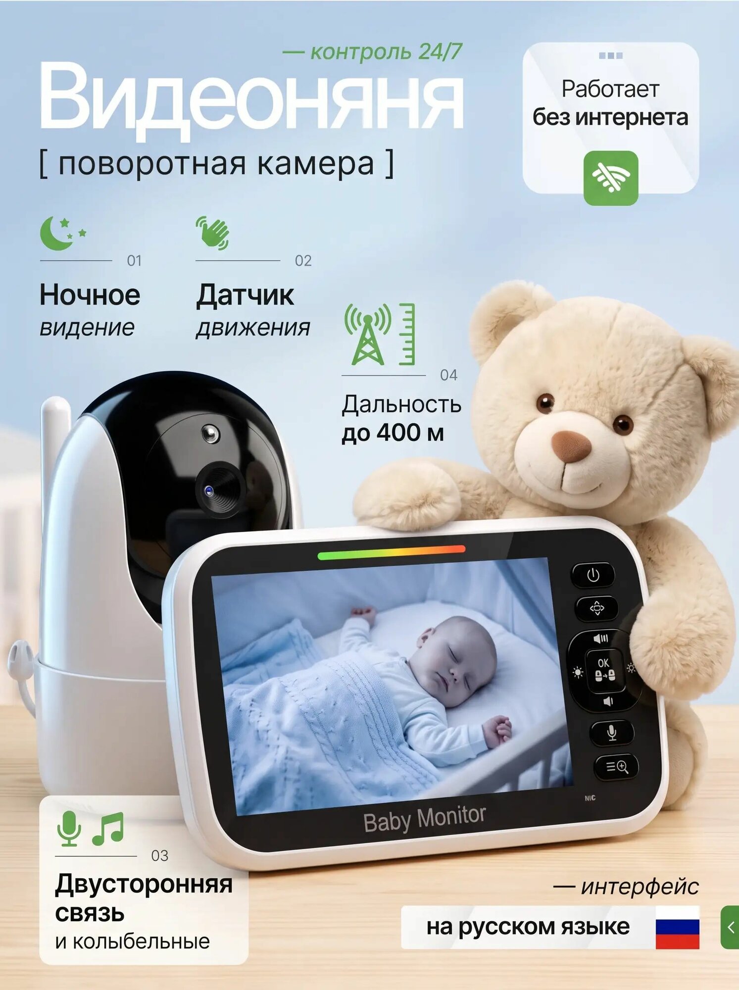 Видеоняня с монитором беспроводная, камера видеонаблюдения